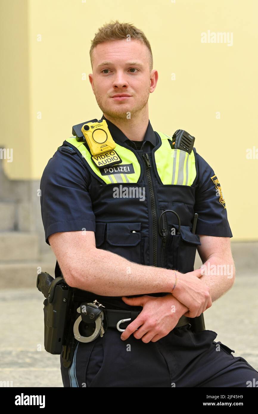 Munich, Germany. 29th June, 2022. A police officer wears a bodycam and ...