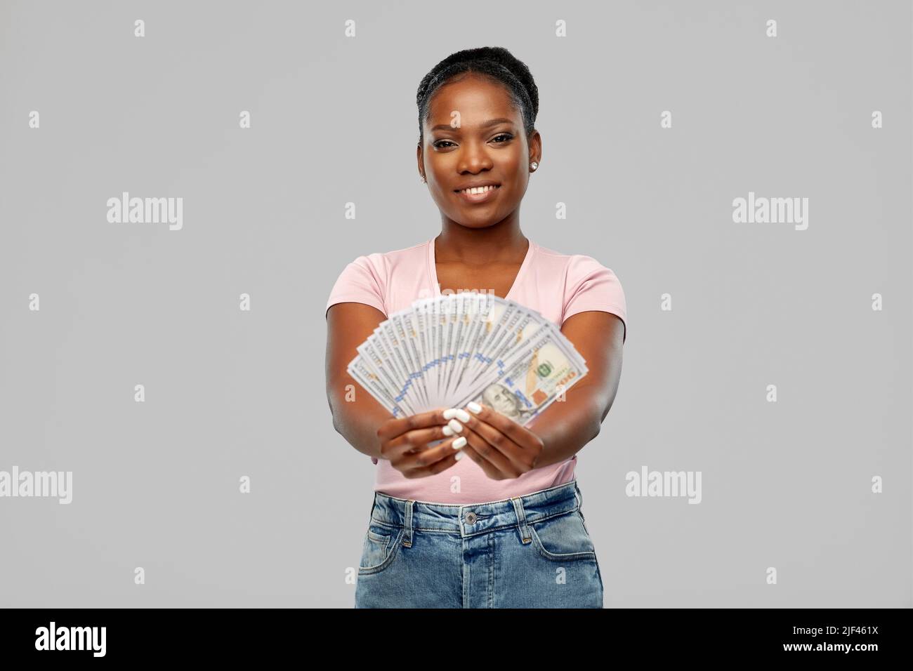 happy african american woman with dollar money Stock Photo - Alamy