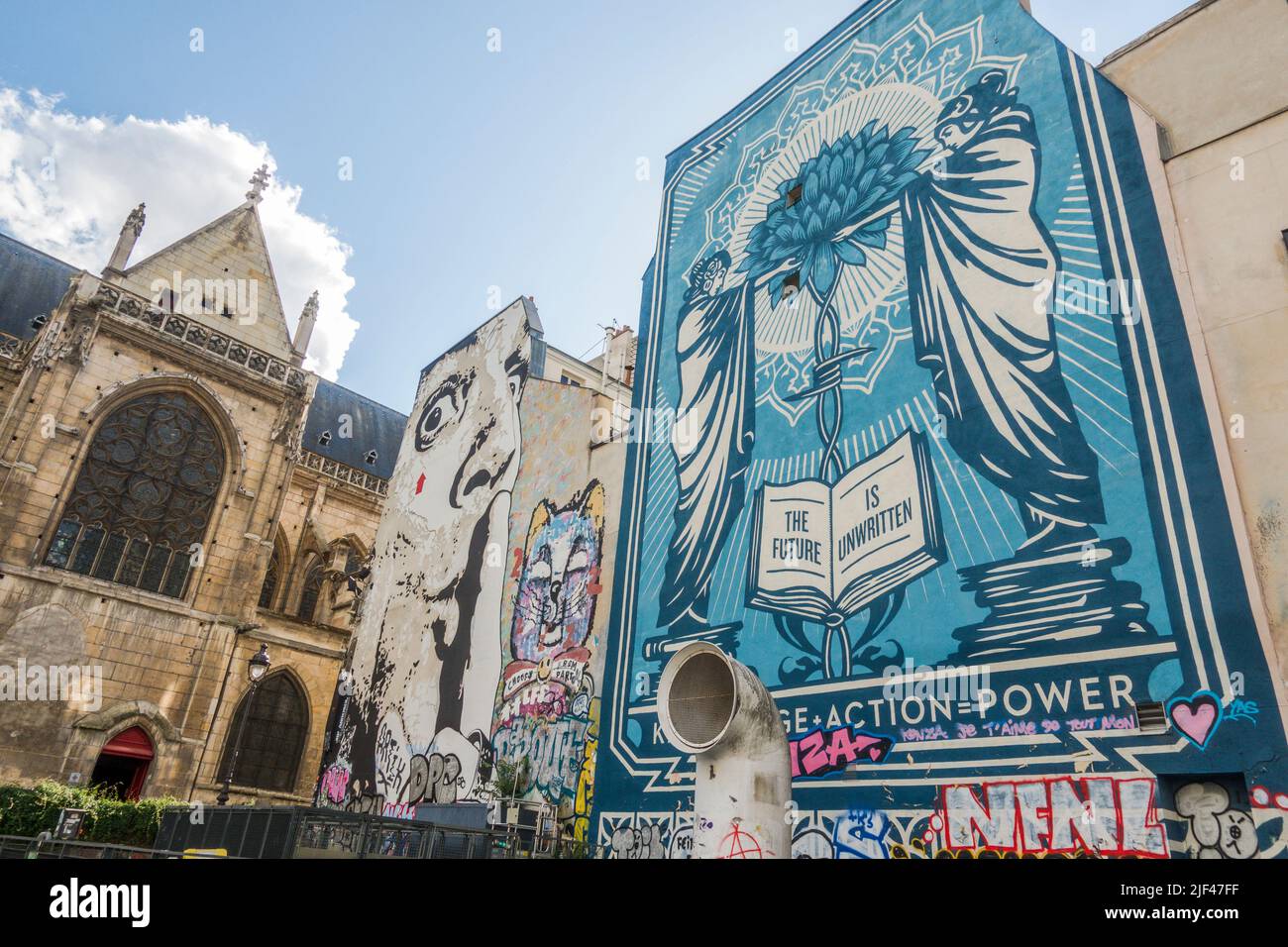 Street art murals of Jef Aérosol and Obey Giant at Place Igor Stravinsky in Paris, France Stock ...