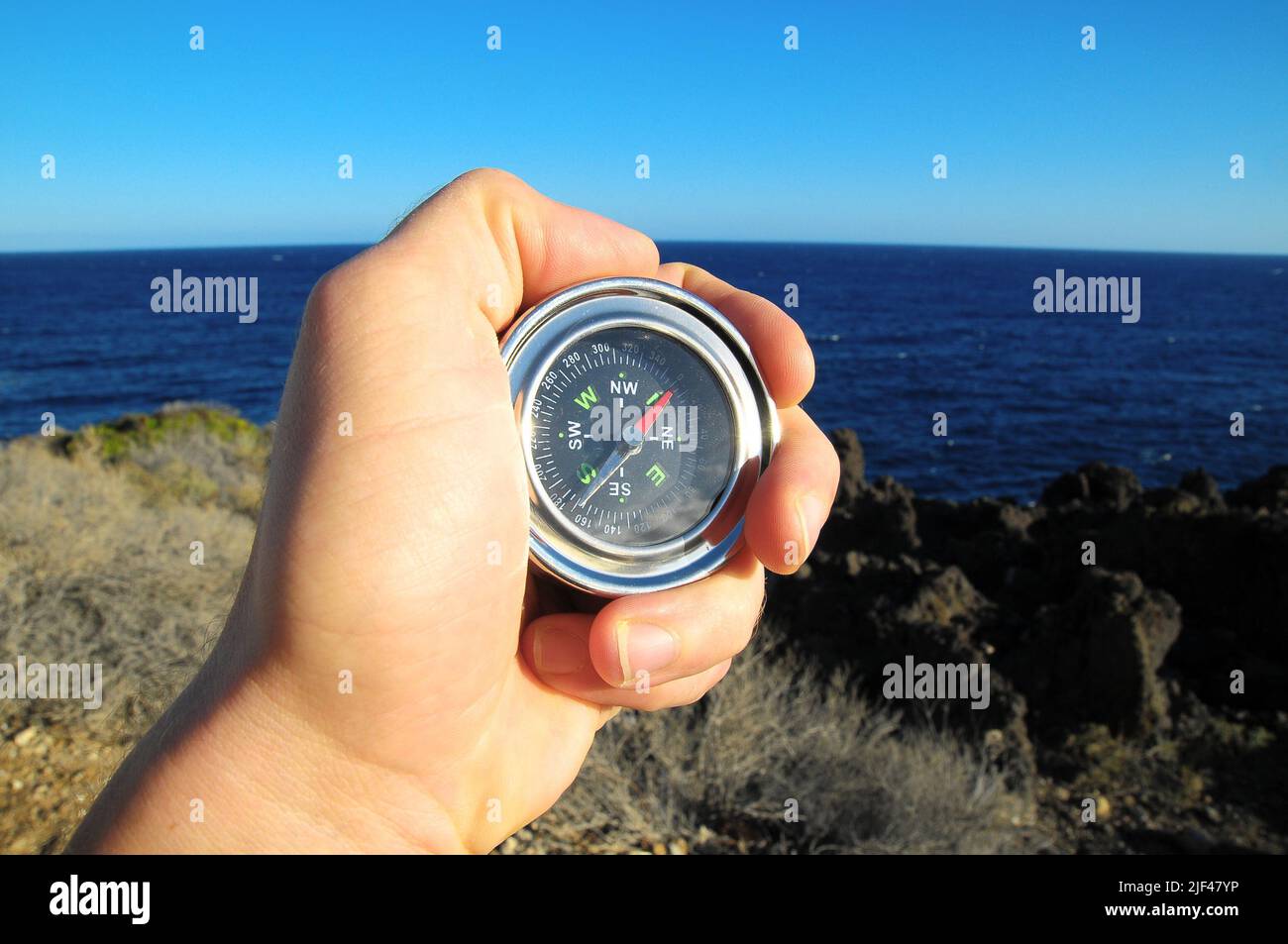 Orientation Concept a Male Hand Holding a Metal Compass Stock Photo - Alamy