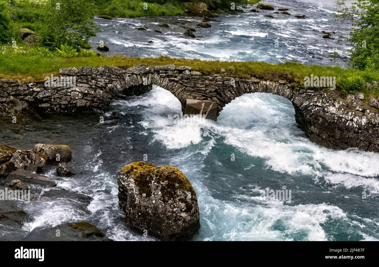 Waterfall and rapids from Lake Floen, Olden Norway Stock Photo - Alamy