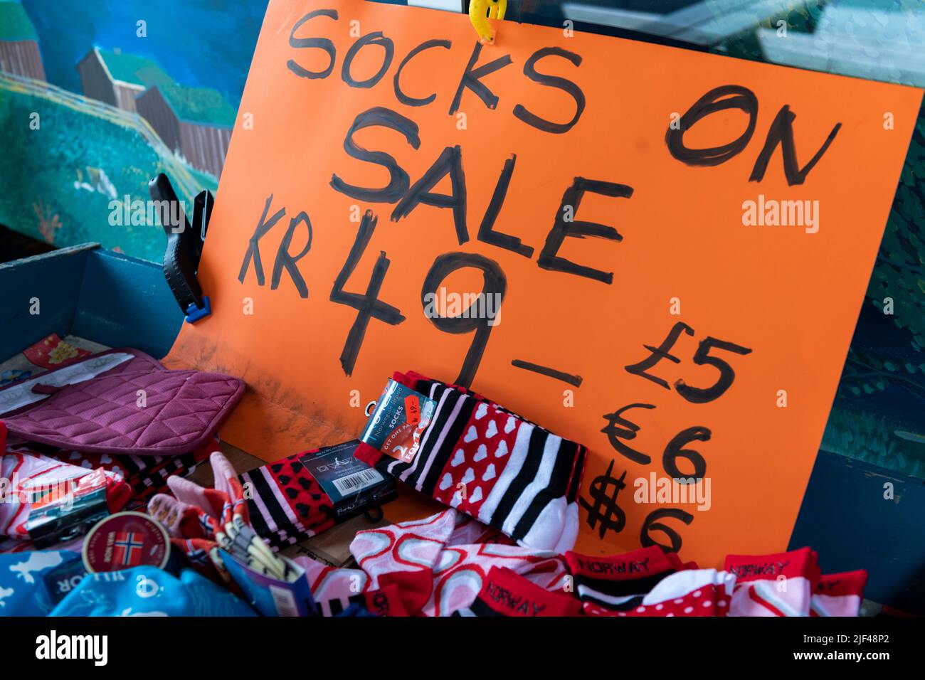 Socks on Sale sign, Olden Norway Stock Photo - Alamy