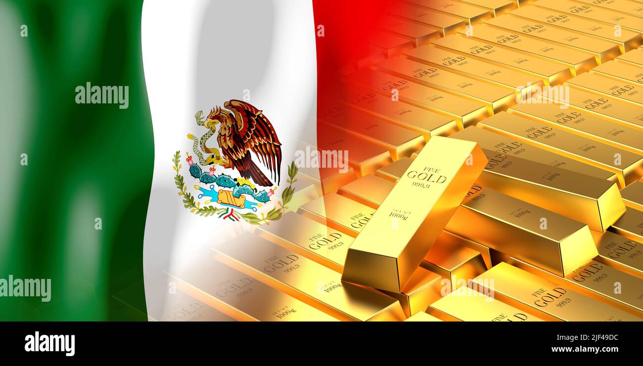 Mexico flag and gold ingots - 3D illustration Stock Photo - Alamy