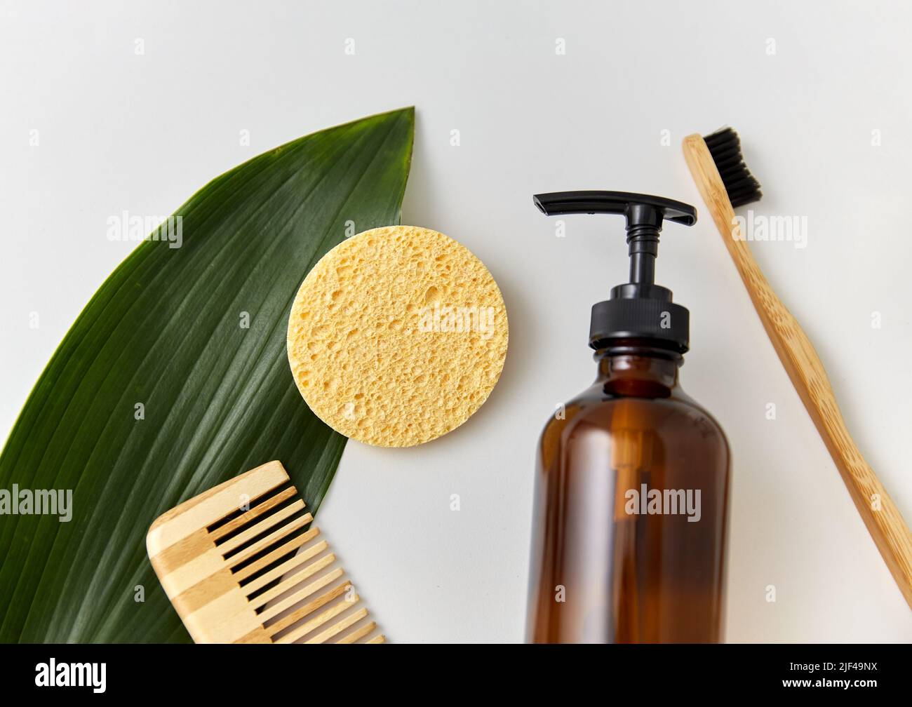 comb, sponge, liquid soap or shower gel and leaf Stock Photo - Alamy