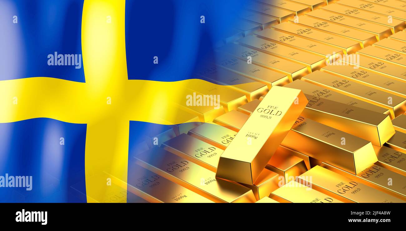 Sweden flag and gold ingots - 3D illustration Stock Photo - Alamy