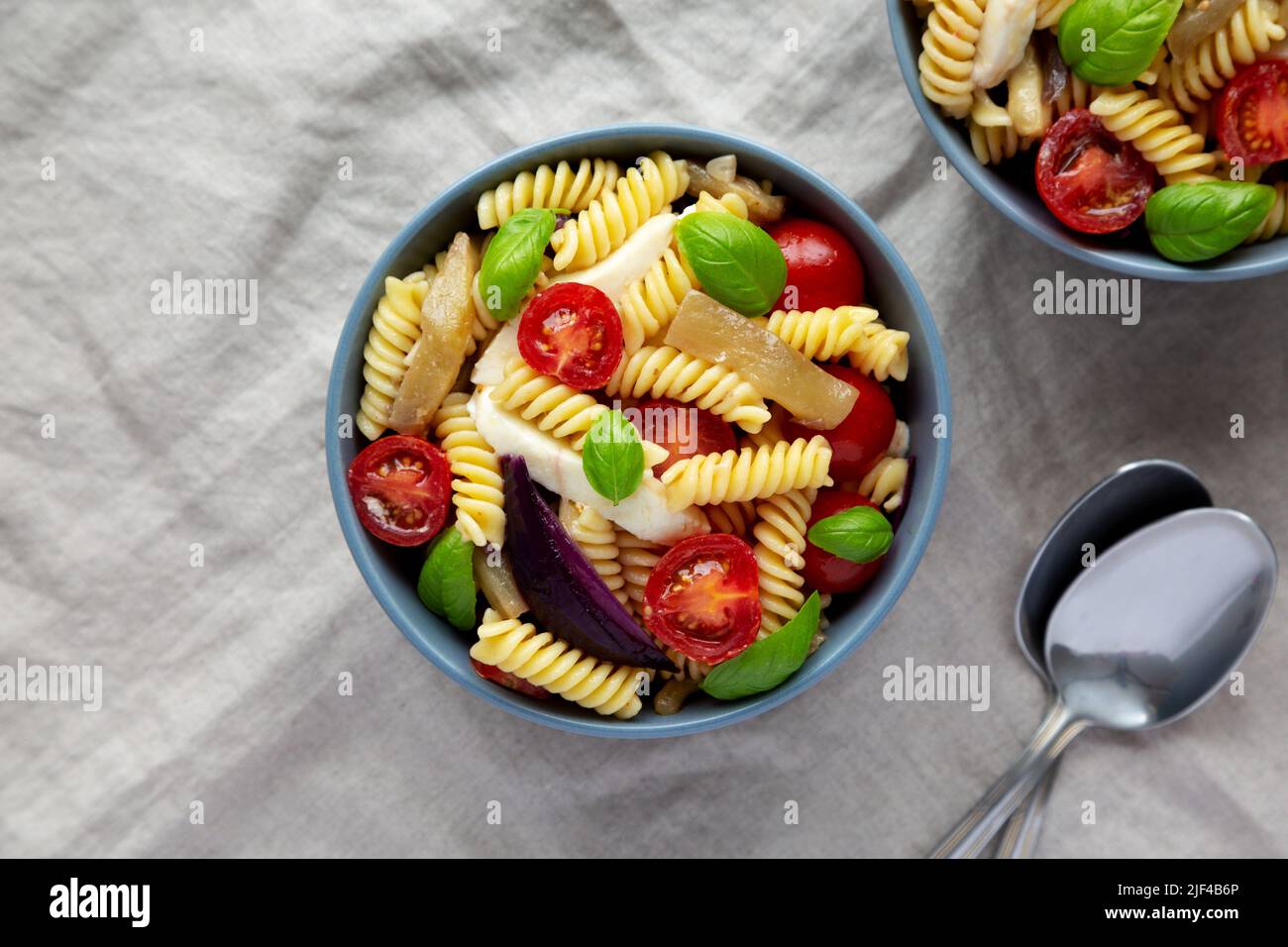 Homemade Fusilli Pasta Salad with Mozzarella and Vegetables, overhead ...
