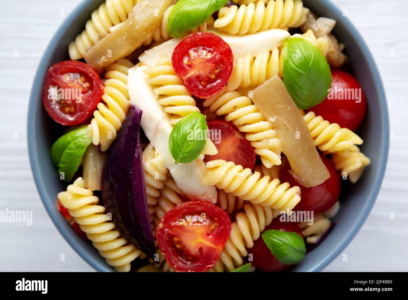 Homemade Fusilli Pasta Salad with Mozzarella and Vegetables, top view ...