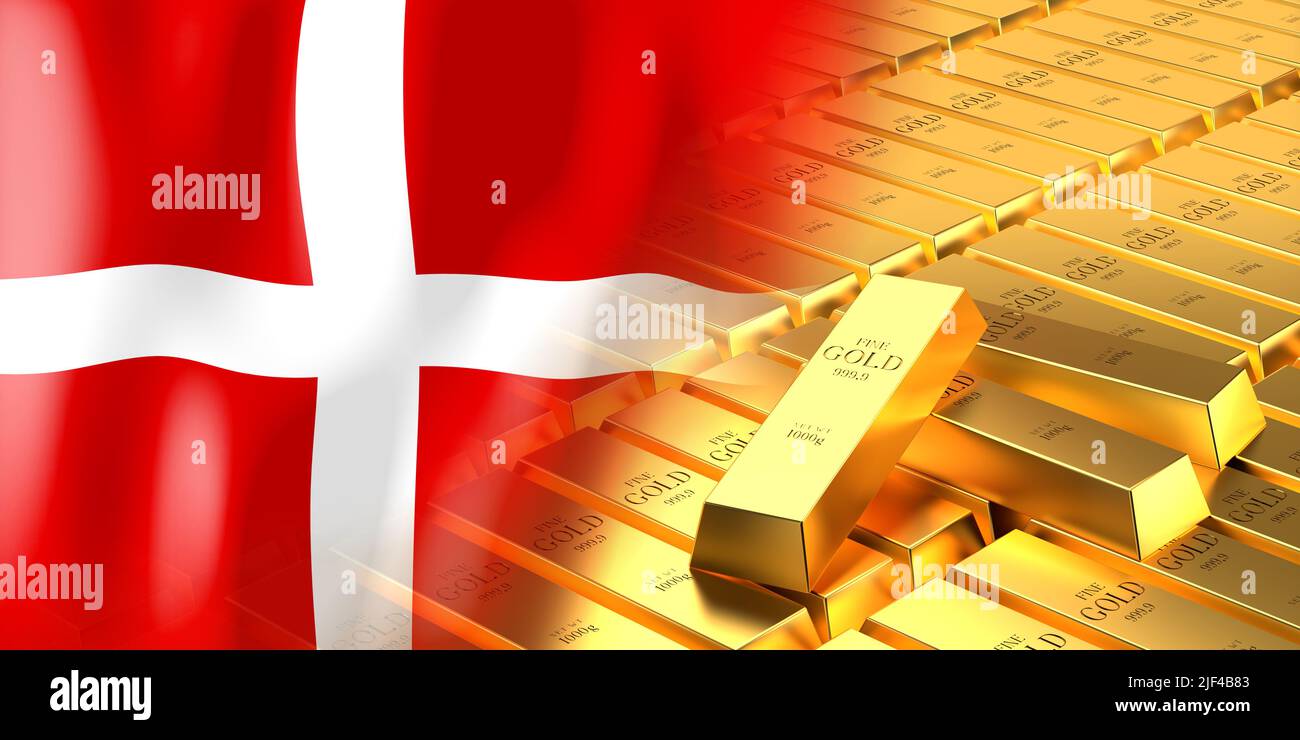 Denmark flag and gold ingots - 3D illustration Stock Photo - Alamy