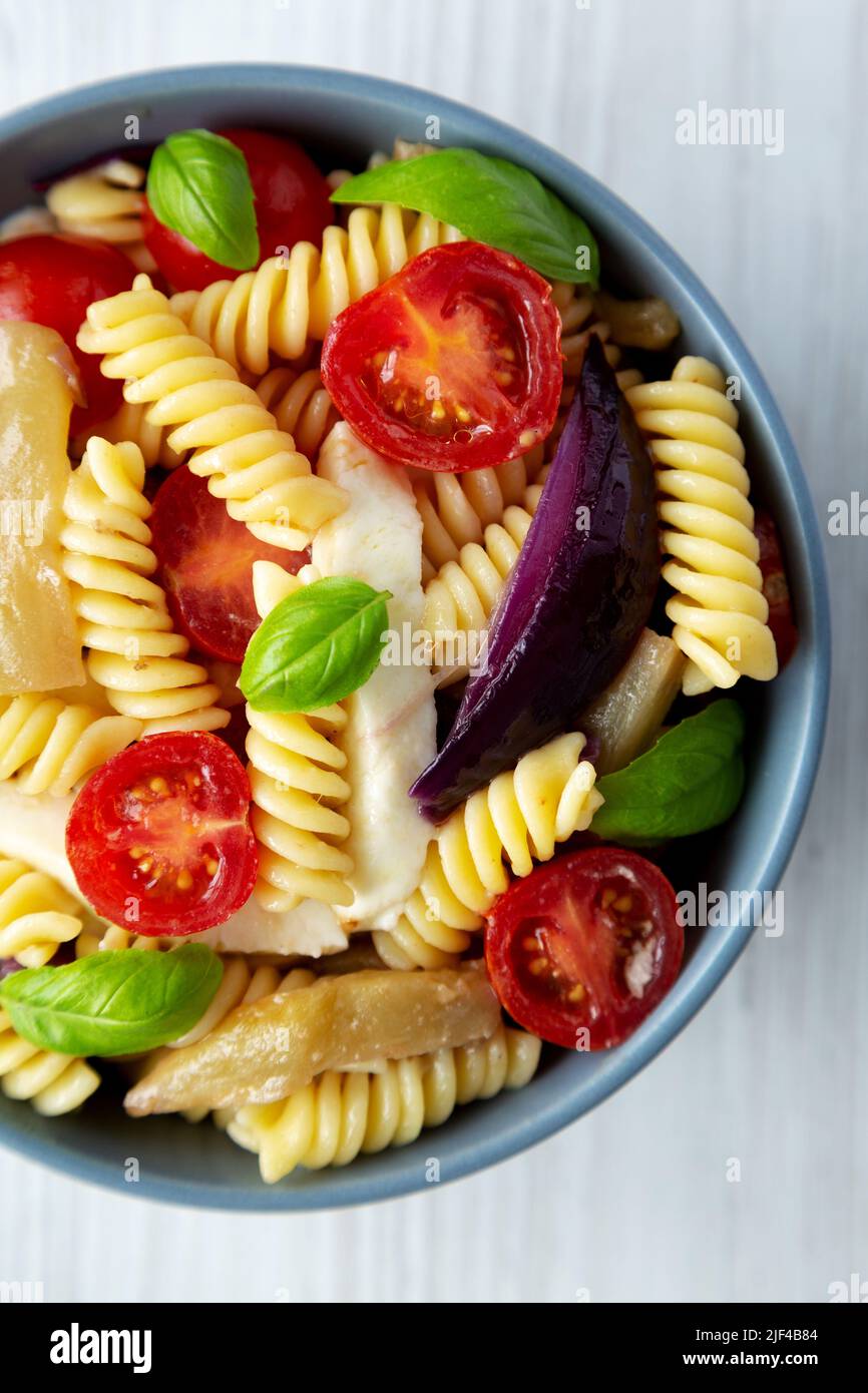 Homemade Fusilli Pasta Salad with Mozzarella and Vegetables, top view ...