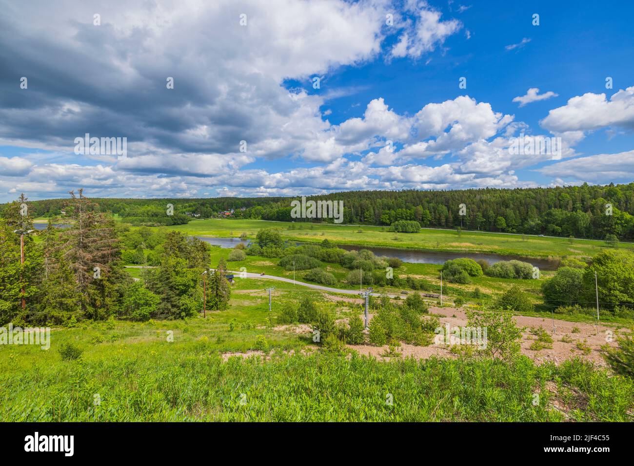 Amazing panoramic view of green summer landscape with forests, fields ...