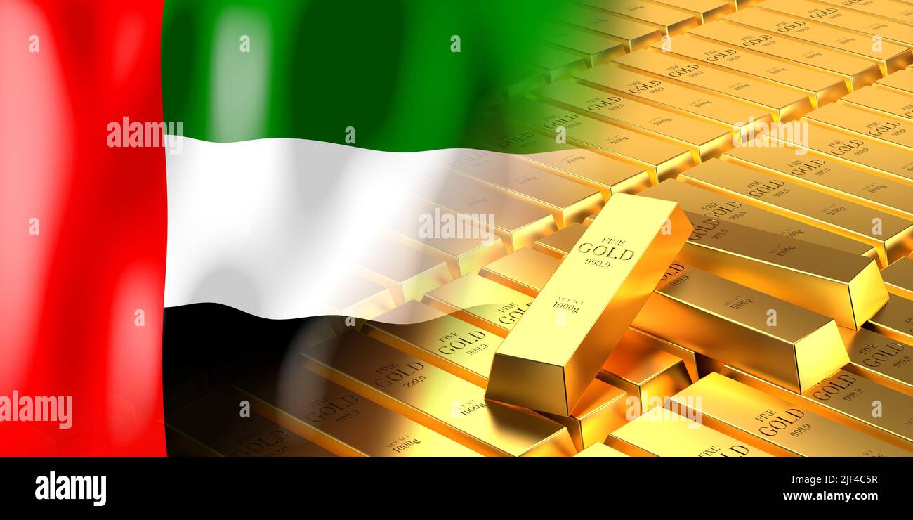 United Arab Emirates flag and gold ingots - 3D illustration Stock Photo ...