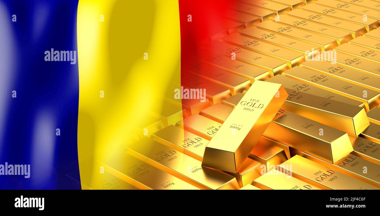 Romania flag and gold ingots - 3D illustration Stock Photo - Alamy
