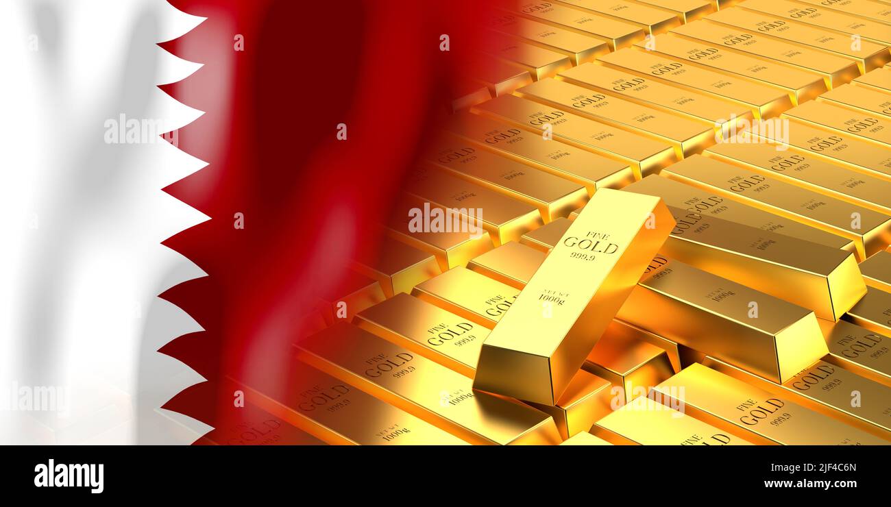 Qatar flag and gold ingots - 3D illustration Stock Photo - Alamy