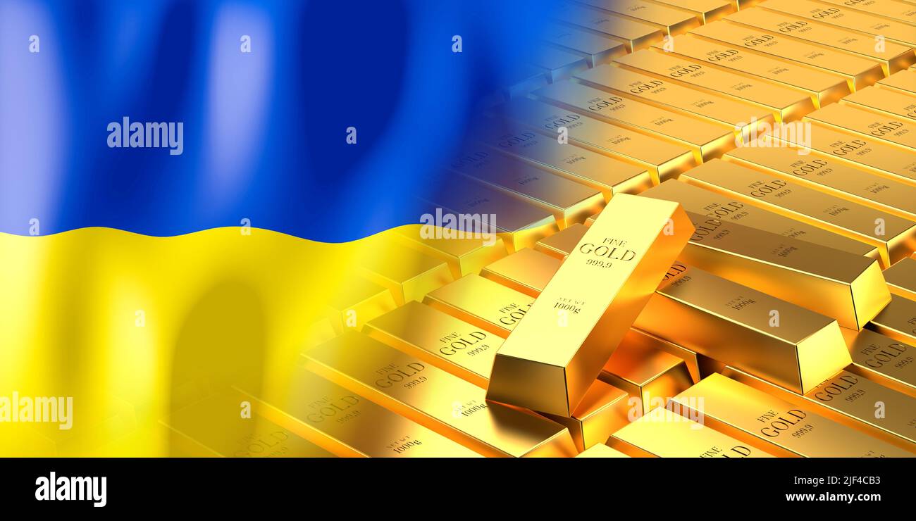 Ukraine flag and gold ingots - 3D illustration Stock Photo - Alamy