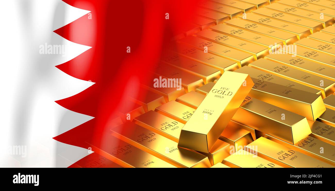 Bahrain flag and gold ingots - 3D illustration Stock Photo - Alamy
