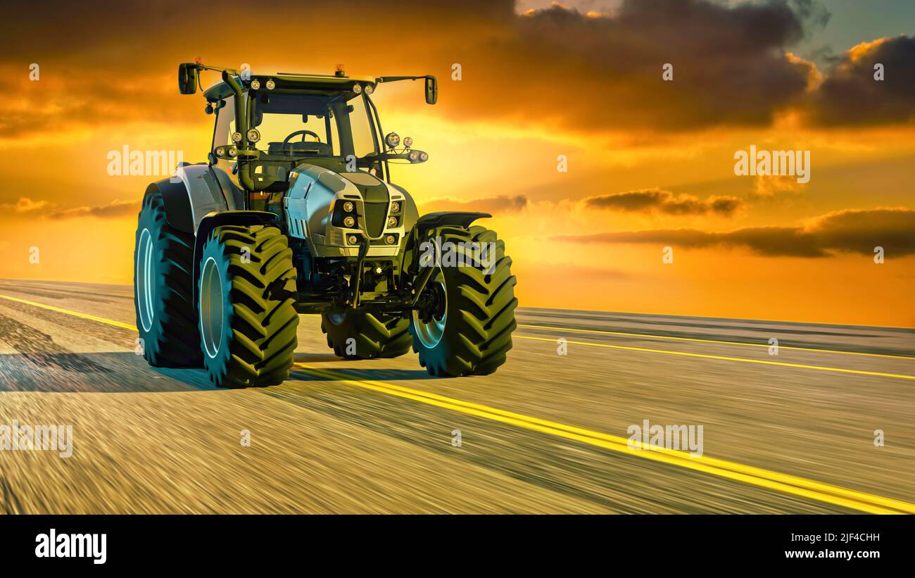 beautiful landscape with a tractor on the background of sunset ...
