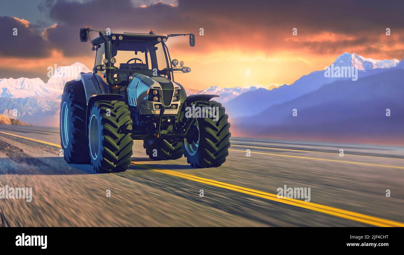 beautiful landscape with a tractor on the background of snow-capped ...