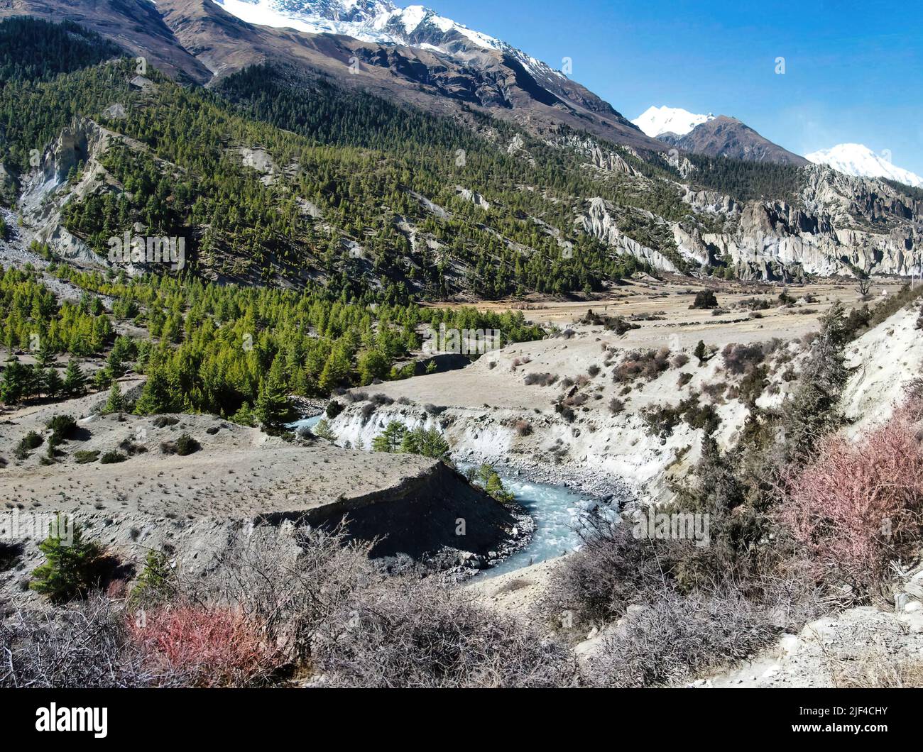 In the middle of the wild nature of Nepal, Manang in the valley of the ...
