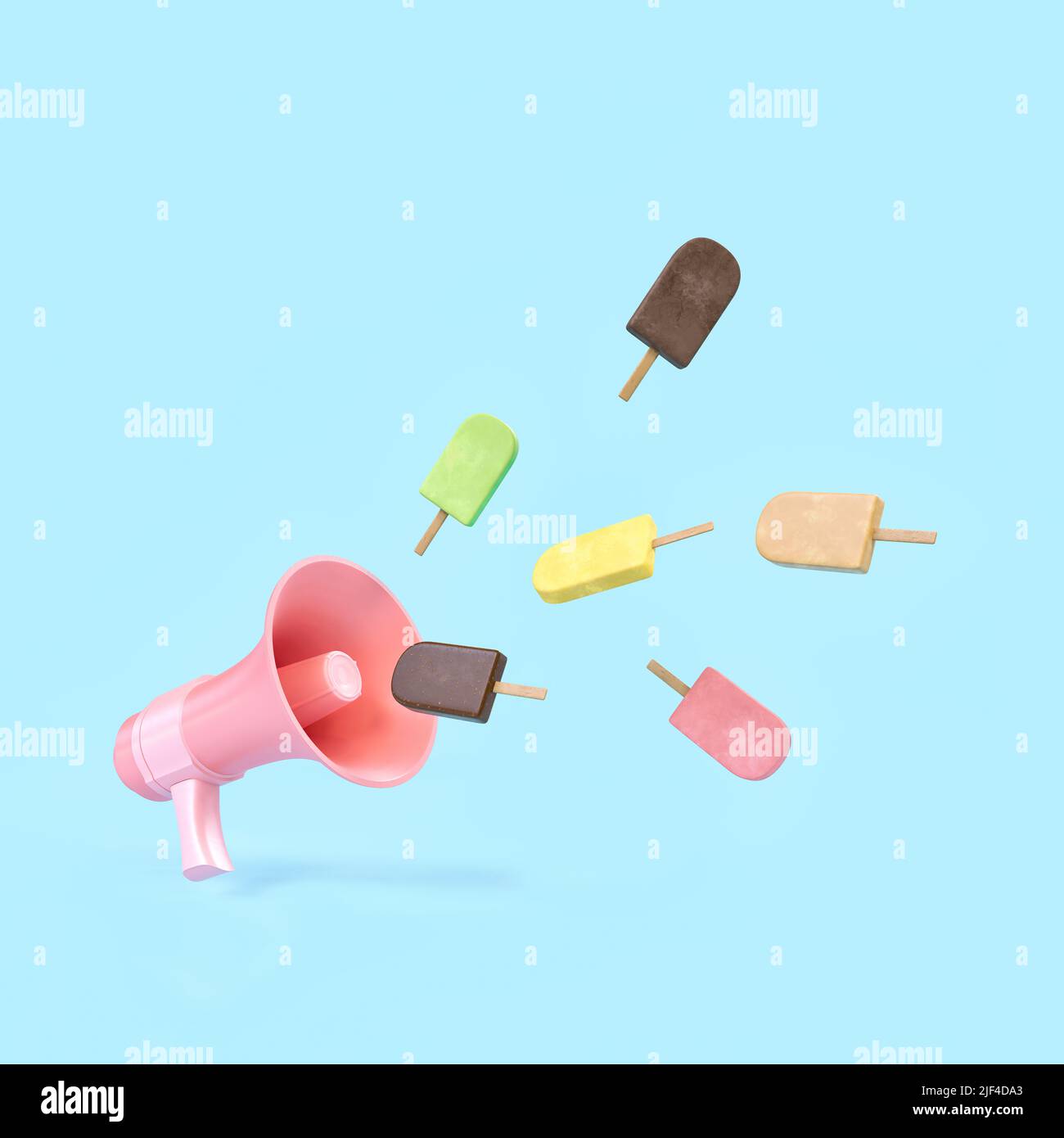 Pink megaphone with colorful summer sweet ice cream on pastel blue ...