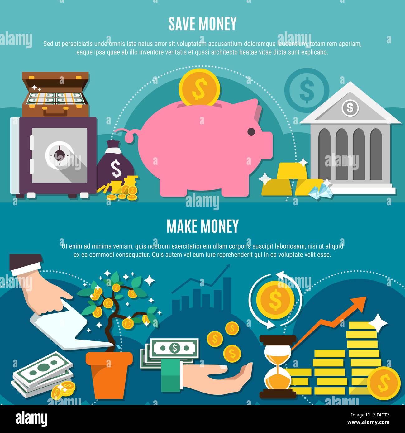 Money flat composition set with save and make money headlines and flat ...