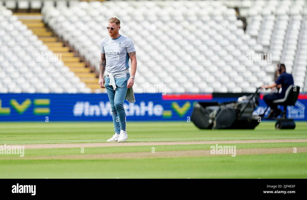 England captain Ben Stokes checks the wicket, during a nets session at ...