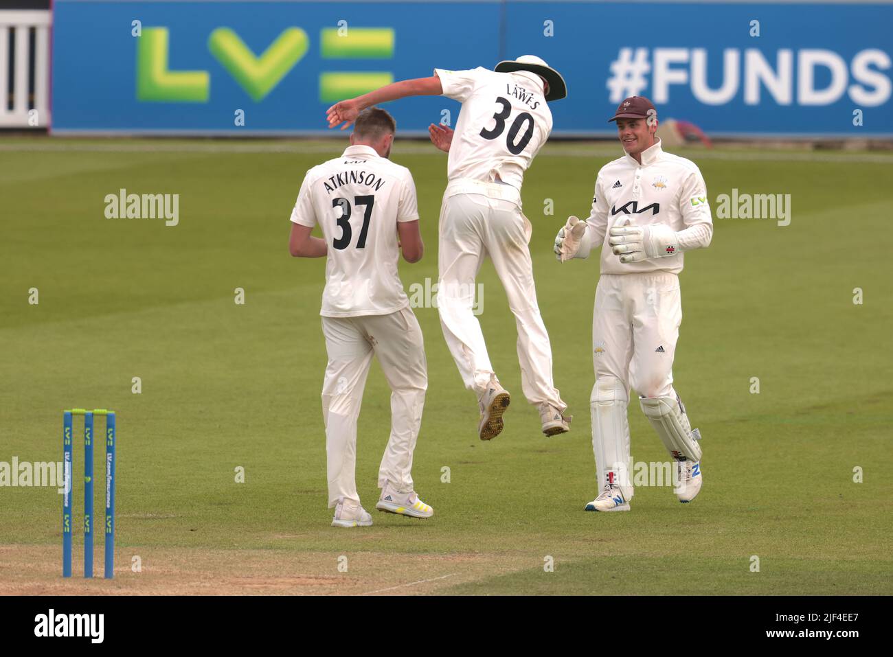 29 June, 2022. London, UK. Surrey’s Gus Atkinson, Tom Lawes and Jamie ...