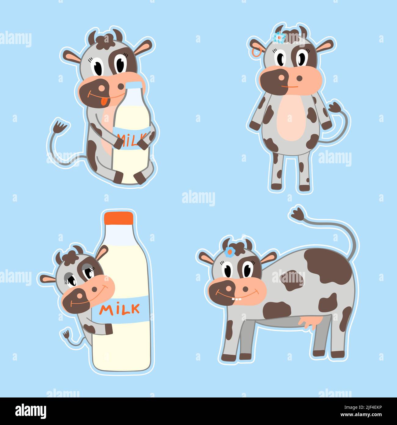 A set of stickers with a cute cow. Cartoon flat vector illustration ...