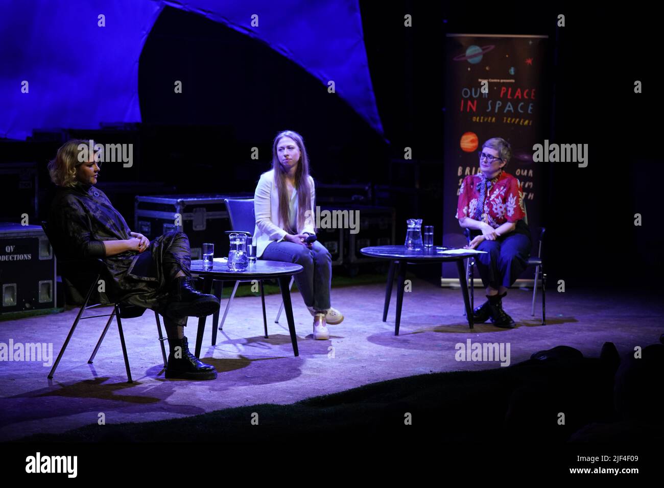 Chelsea Clinton in conversation with Tara Lynne O'Neill (left) and ...