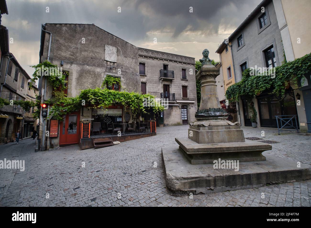 View of Place du Chateau inside the medieval fortress in Carcassonne ...