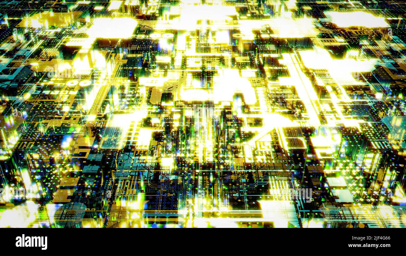 Yellow lighting technological cyberpunk hi-tech backdrop - abstract 3D ...