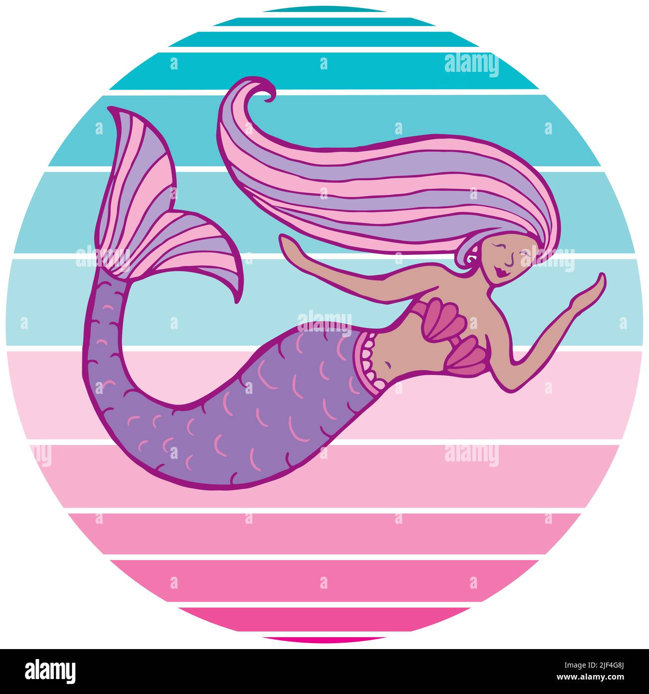 A pink, purple, and blue mermaid vector illustration on a retro circle ...
