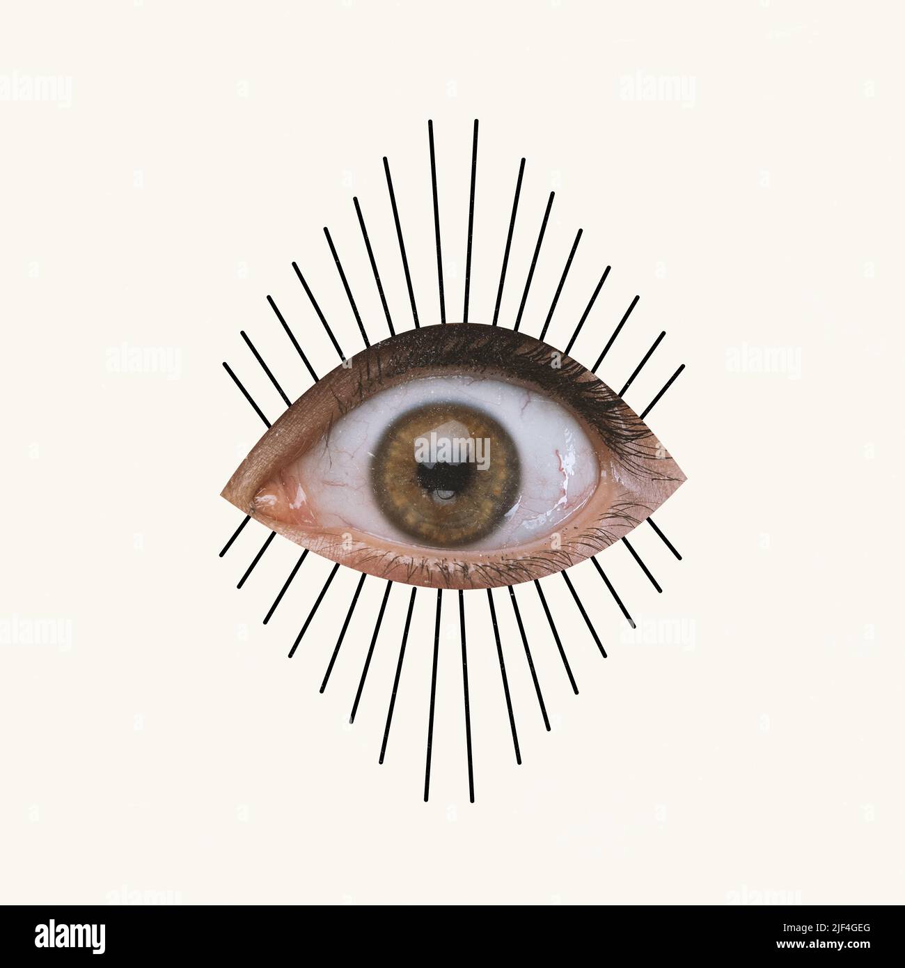 Contemporary art collage. Big widely opened female eye looking ...