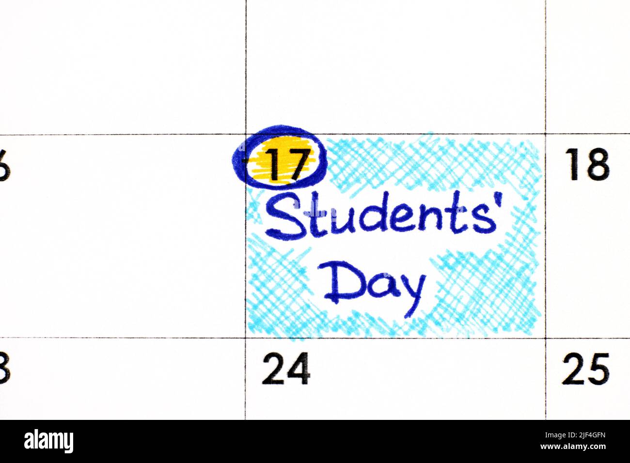 Handwritten reminder Students Day in calendar. November 17 Stock Photo ...