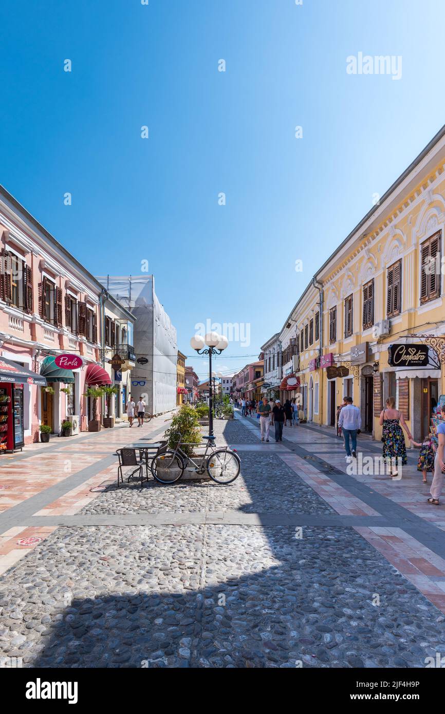 Shkoder, Albania - June 2022: Main pedestrian shopping street in the ...