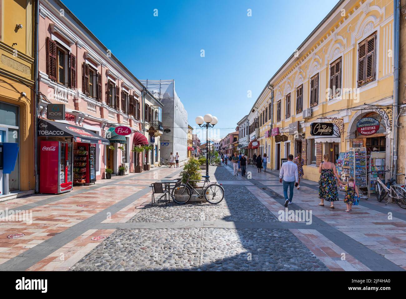 Shkoder, Albania - June 2022: Main pedestrian shopping street in the ...