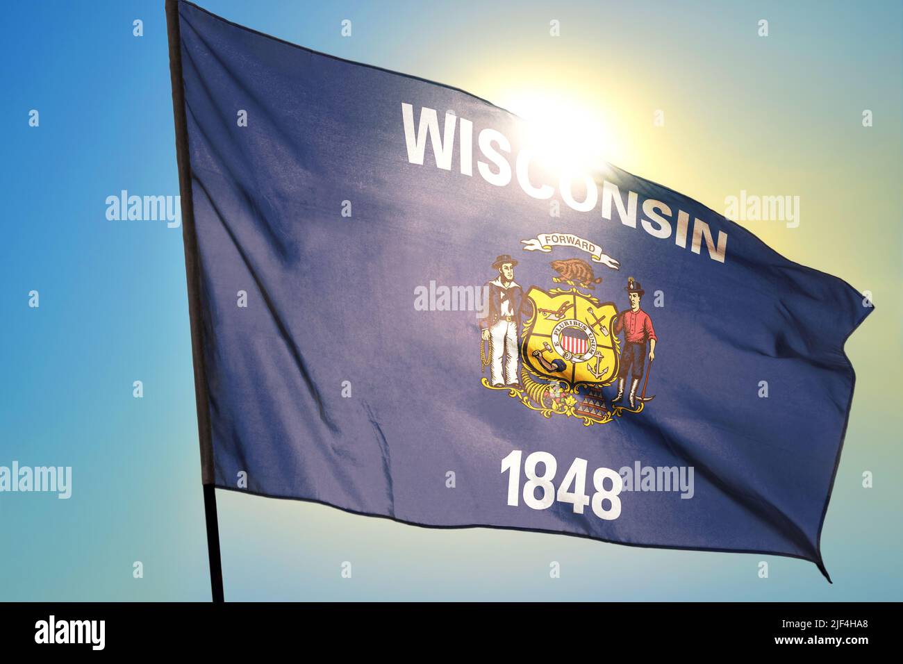 Wisconsin state of United States flag waving on the wind Stock Photo ...