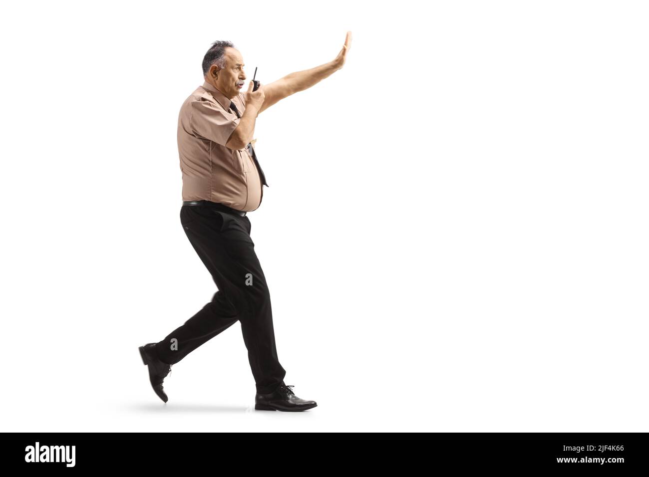 Security officer running with a walkie talkie isolated on white ...