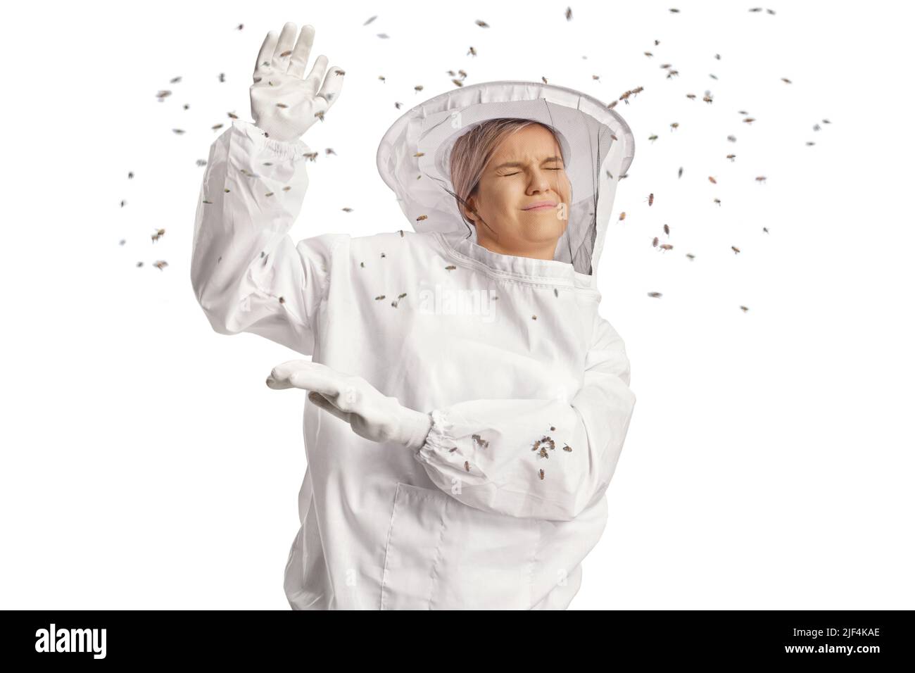 Bees attacking a young female bee keeper in a uniform isolated on white ...