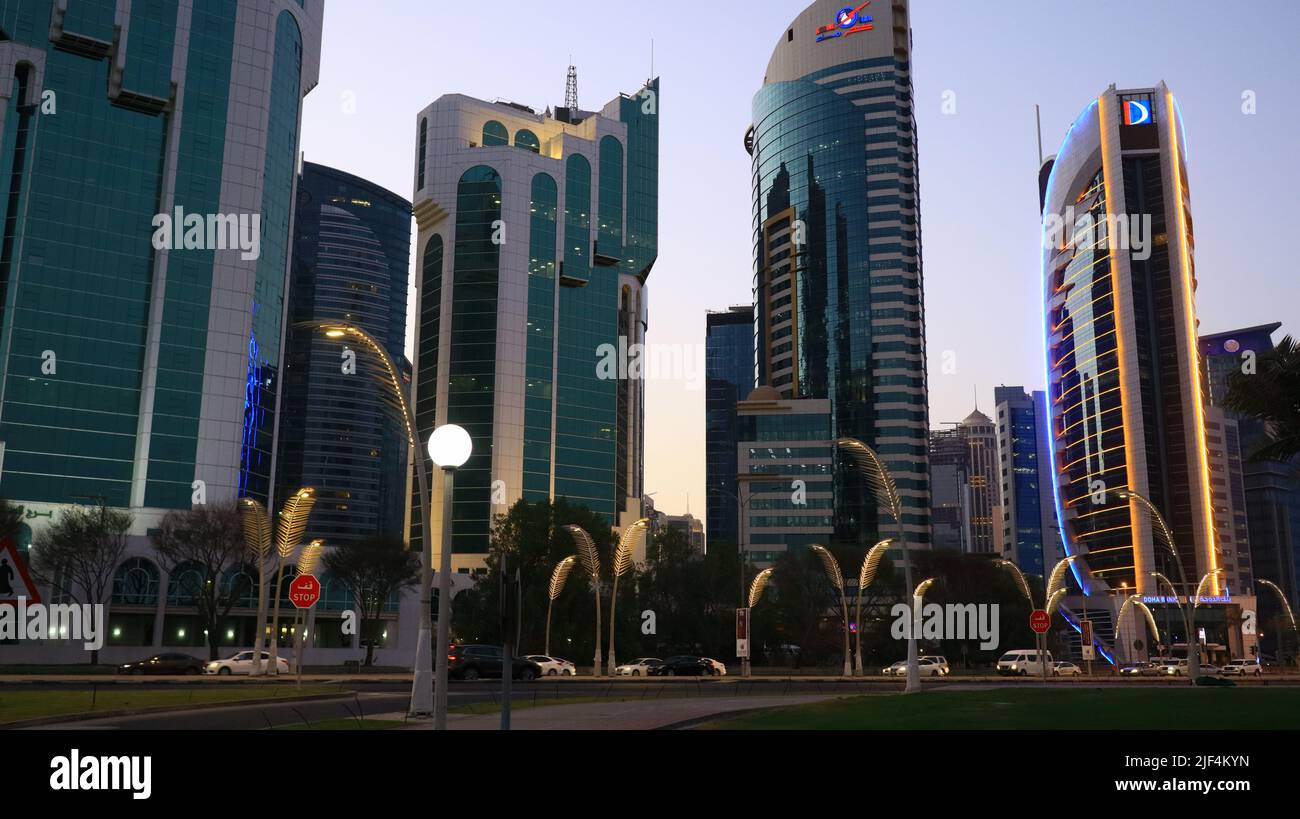 The skyline of Doha, in Qatar, with the buildings on the back Stock ...