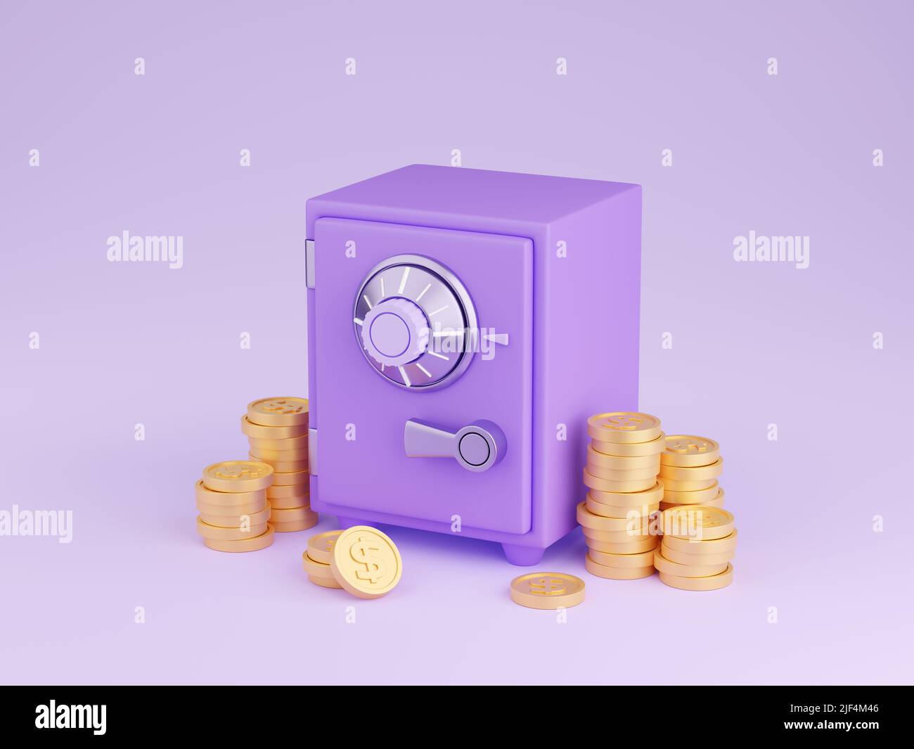 Safe box with money 3d render - closed purple strongbox surrounded by ...