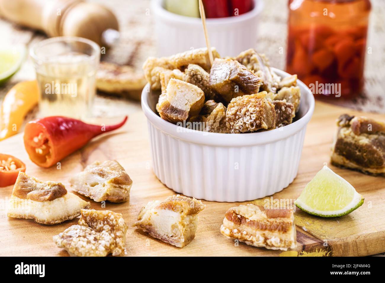 pork, fried pork belly, typical Brazilian bar or restaurant appetizer ...