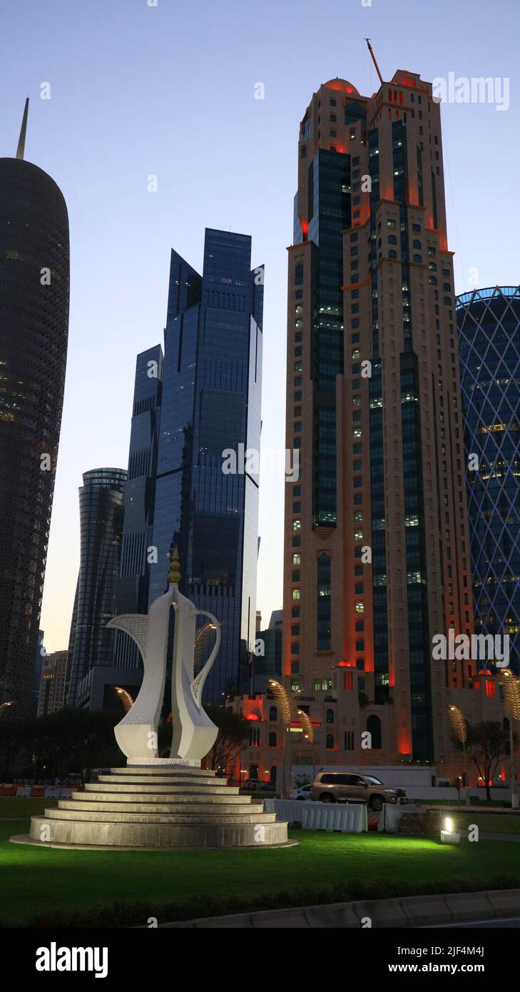 The skyline of Doha, in Qatar, with the buildings on the back and the ...