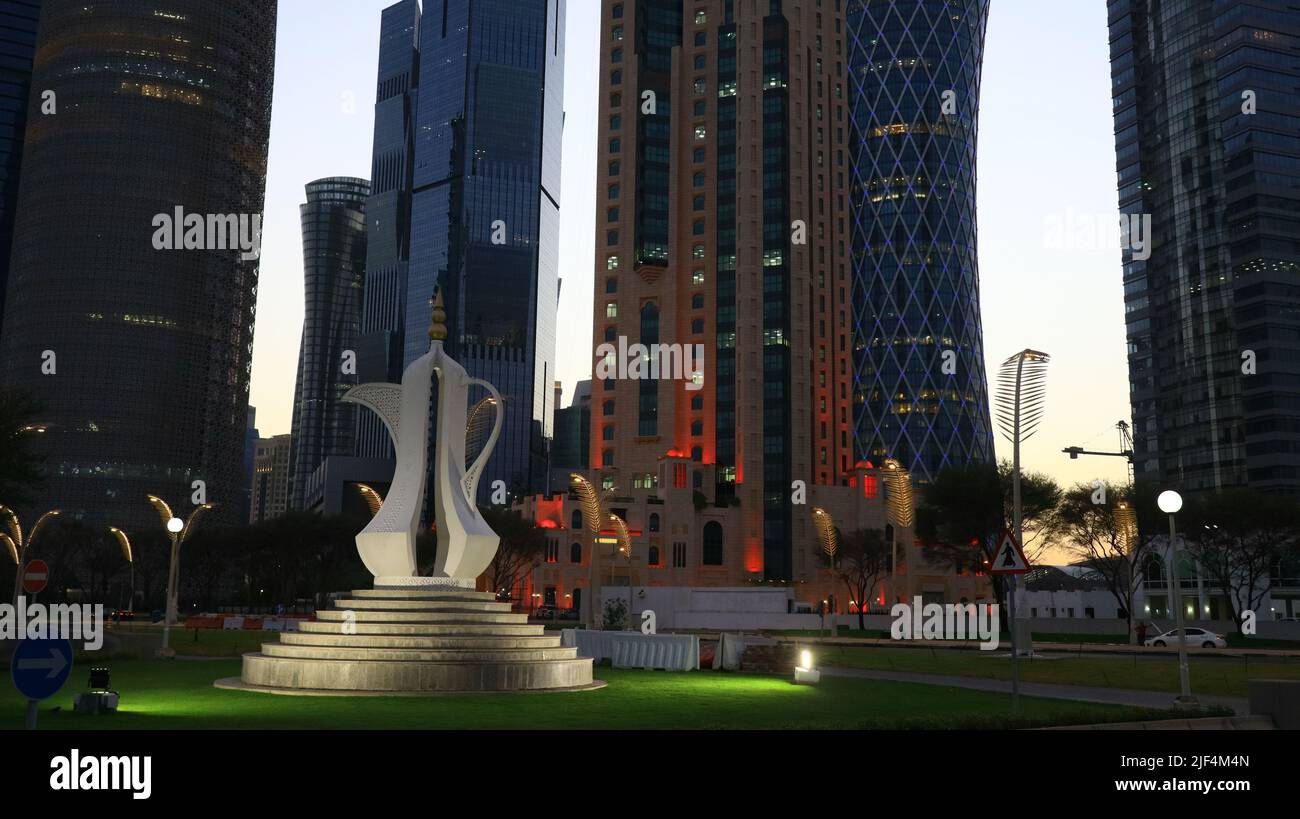 The skyline of Doha, in Qatar, with the buildings on the back and the ...
