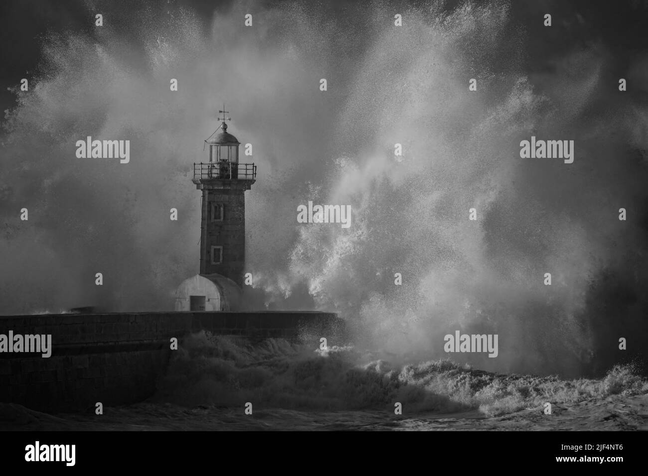 Big stormy wave splash. Used infrared filter. Douro mouth old granite ...