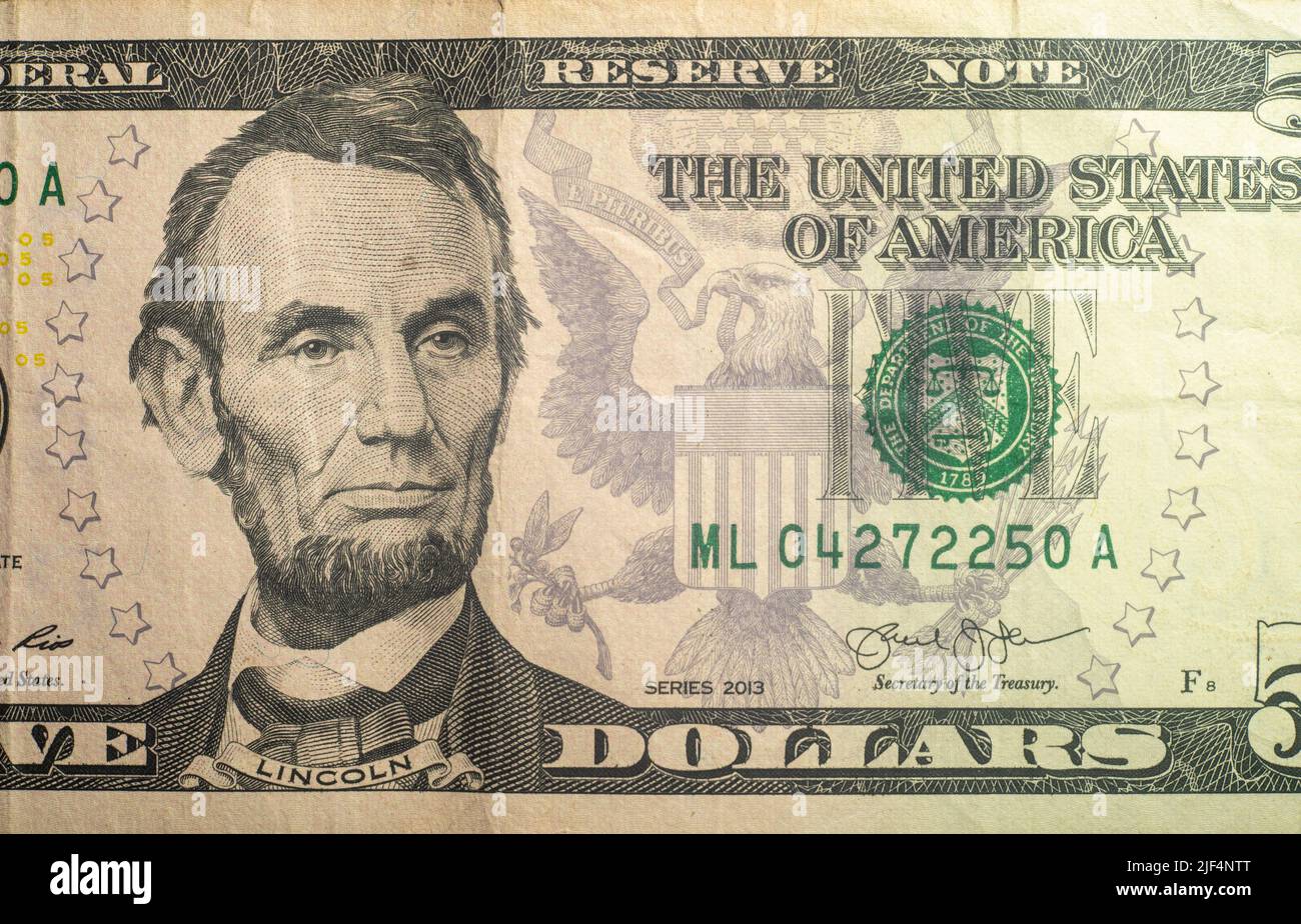 Five dollar bill close up macro, Abraham Lincoln portrait, united ...