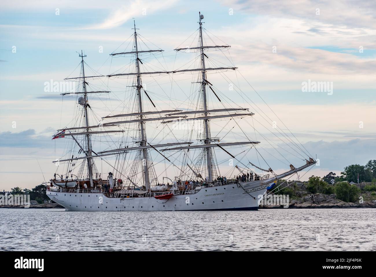 The tall ship Christian Radich arriving in Sandefjord, Norway, where it ...