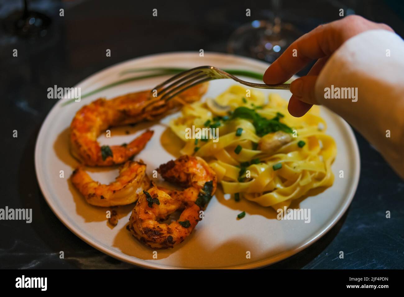 Pasta with shrimps and langustine. Seafood. Home cooking. Dining Stock ...