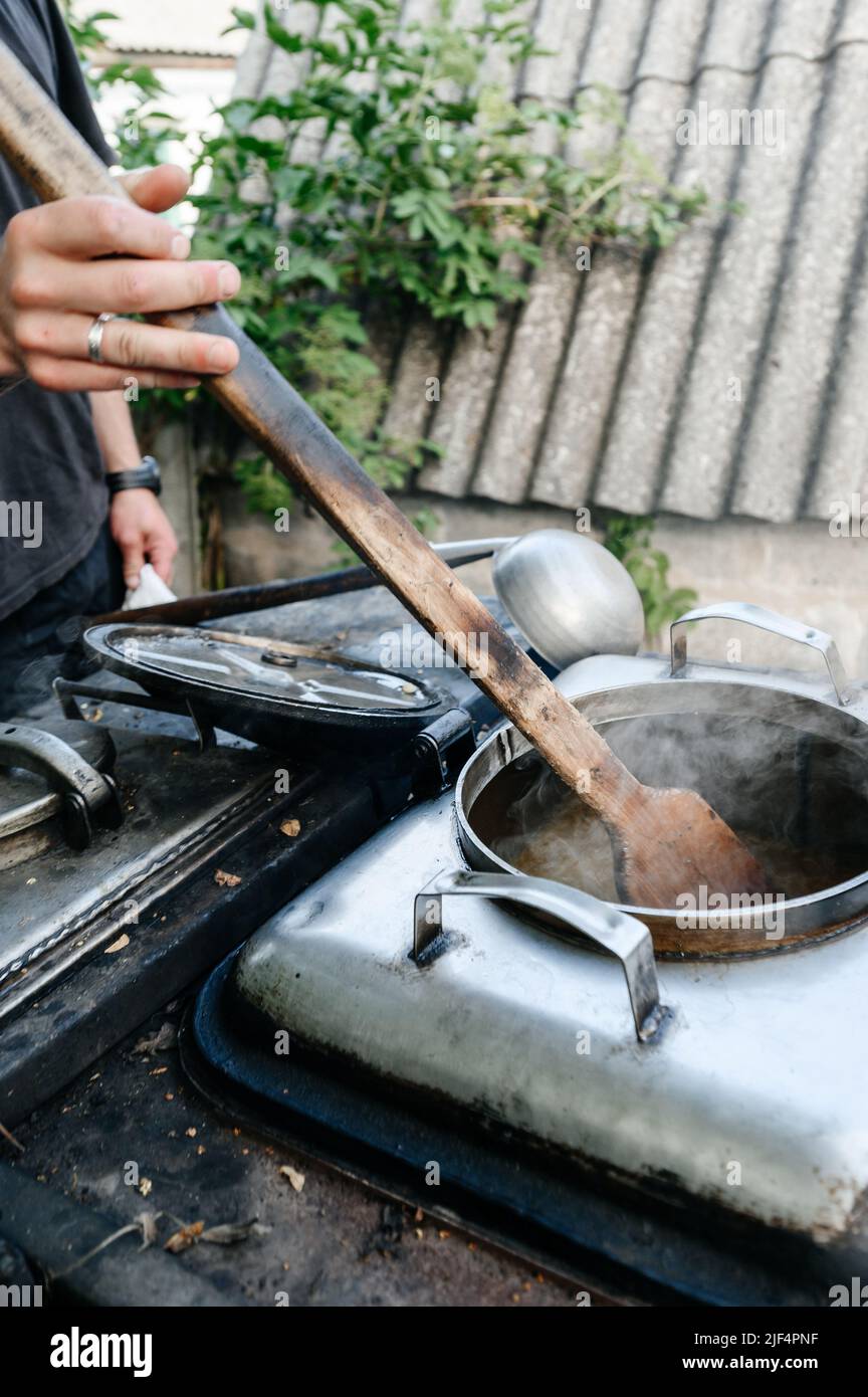 Cooking in the field during the war, field kitchen of the Ukrainian ...
