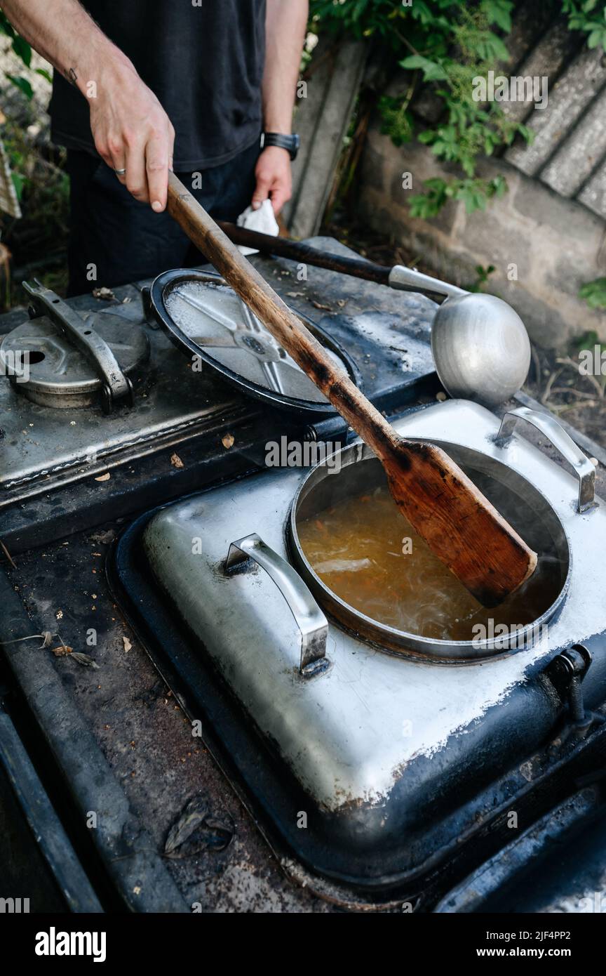 Cooking in the field during the war, field kitchen of the Ukrainian ...