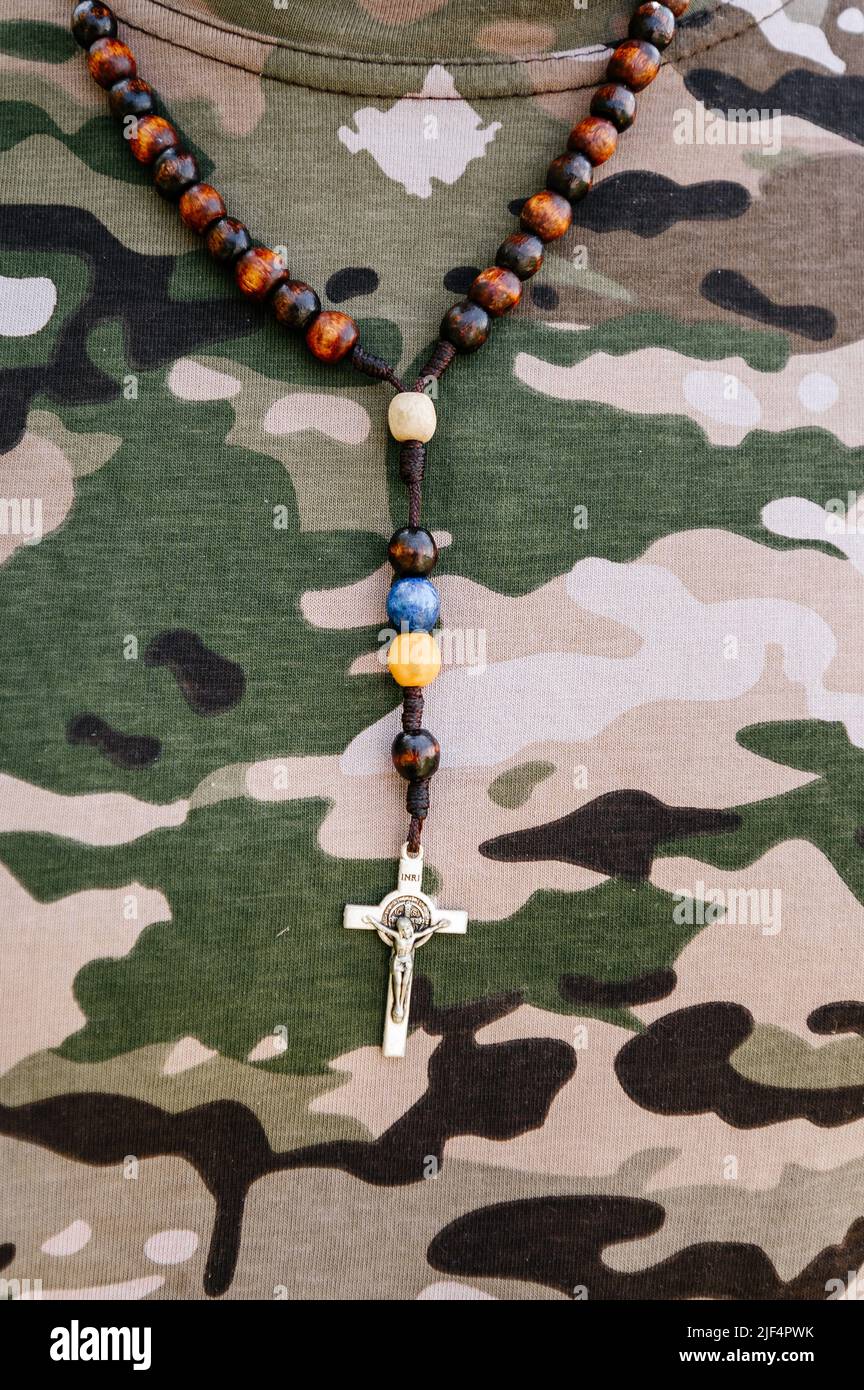 The Ukrainian military wears a rosary on his chest, faith in God Stock ...
